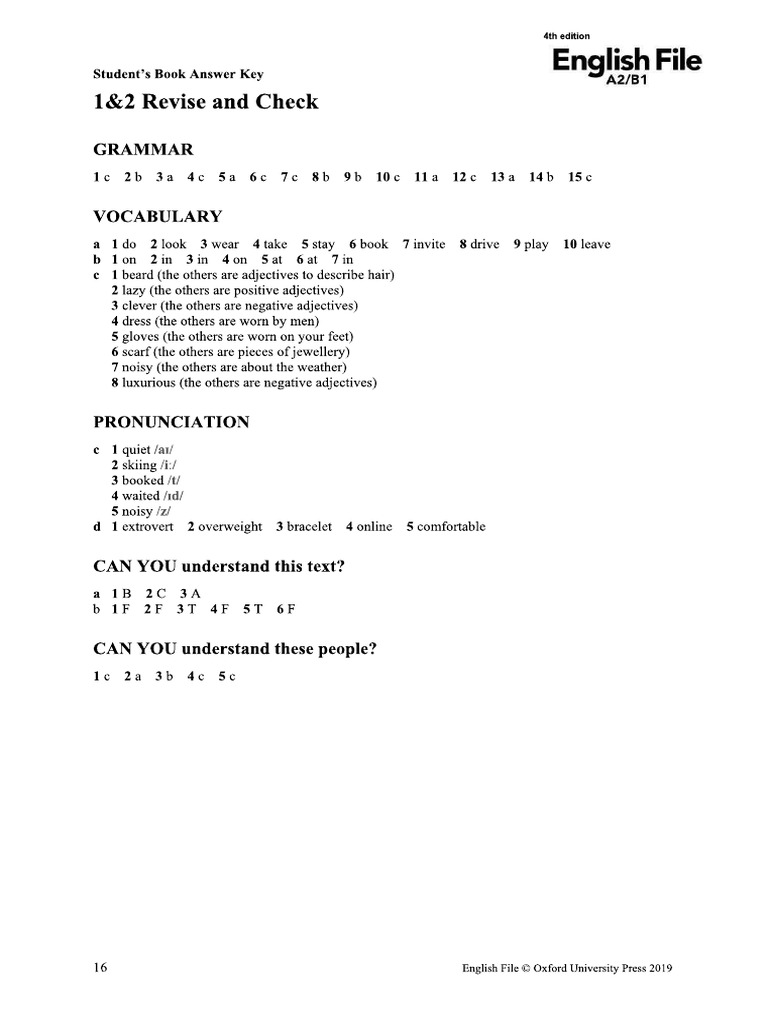 A2 Units 1-2 Revise & Check - Key | PDF