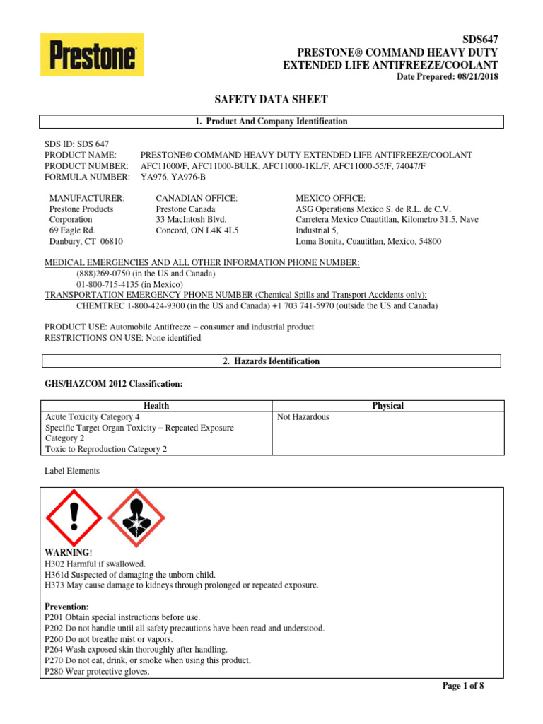 PRESTONE COMMAND HEAVY DUTY- (HOJA DE SEGURIDAD | PDF | Firefighting