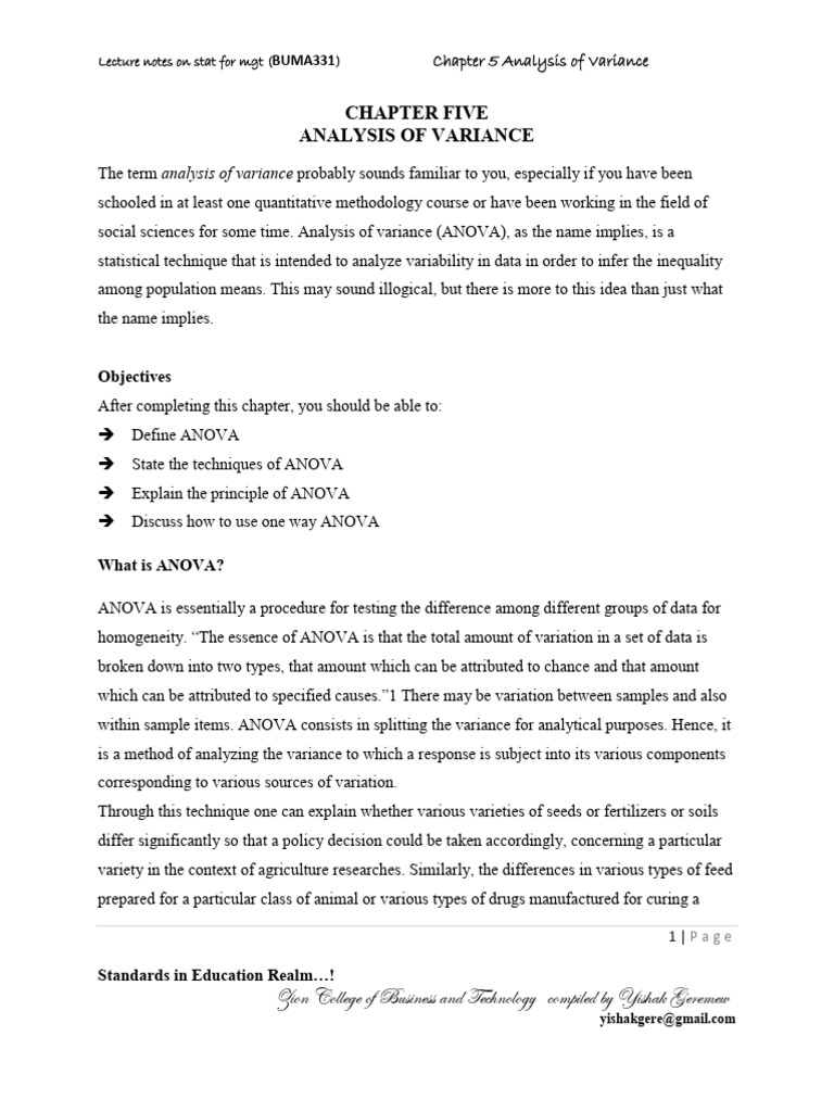 ANOVA Lecture Notes Summary | PDF | Analysis Of Variance | Variance