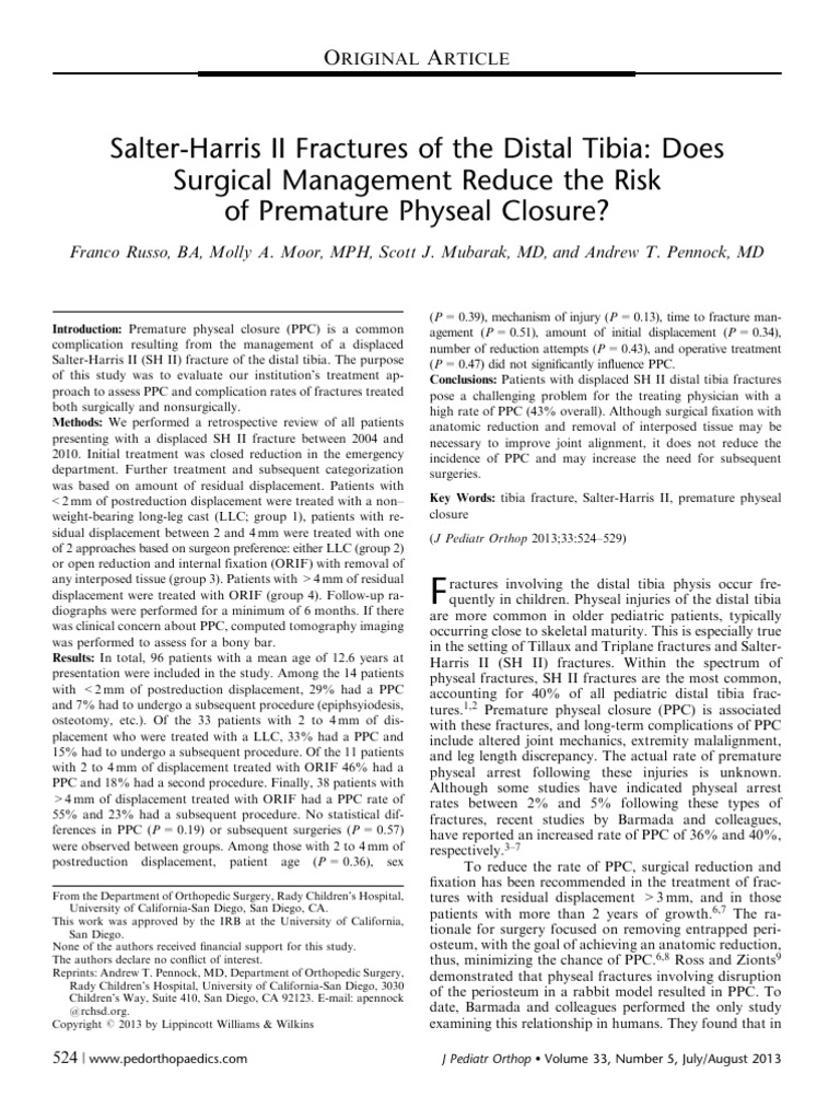 Salter Harris II Fractures of The Distal Tibia Does Surgical Management ...