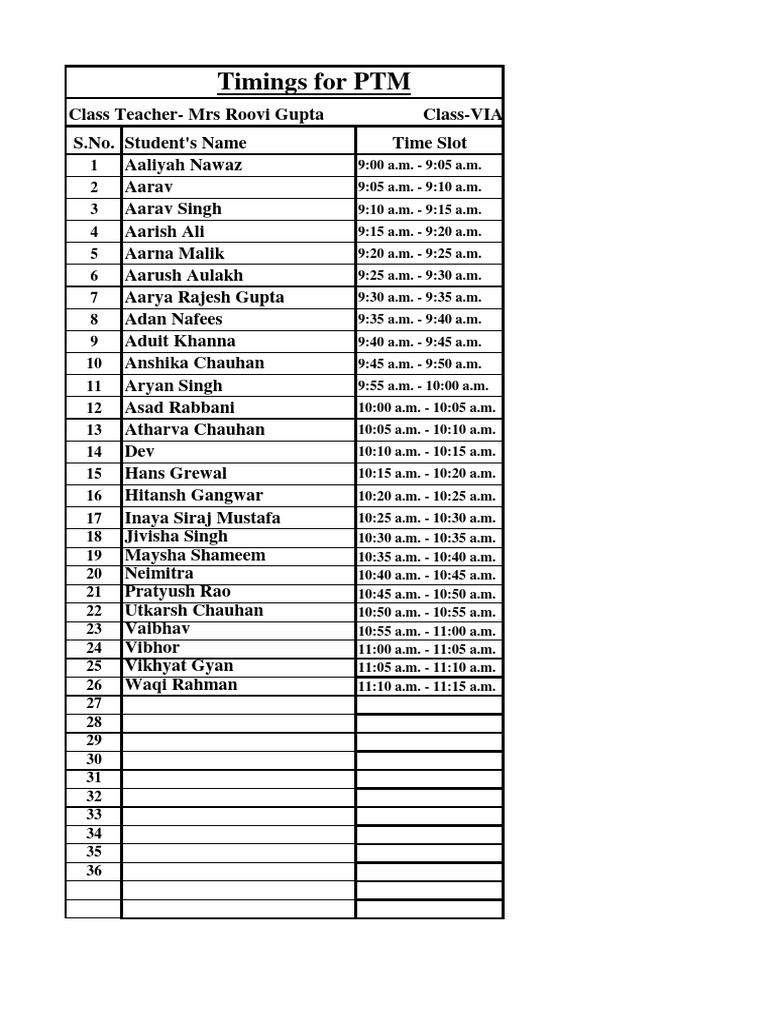 PTM Schedule for Class VIA Students | PDF