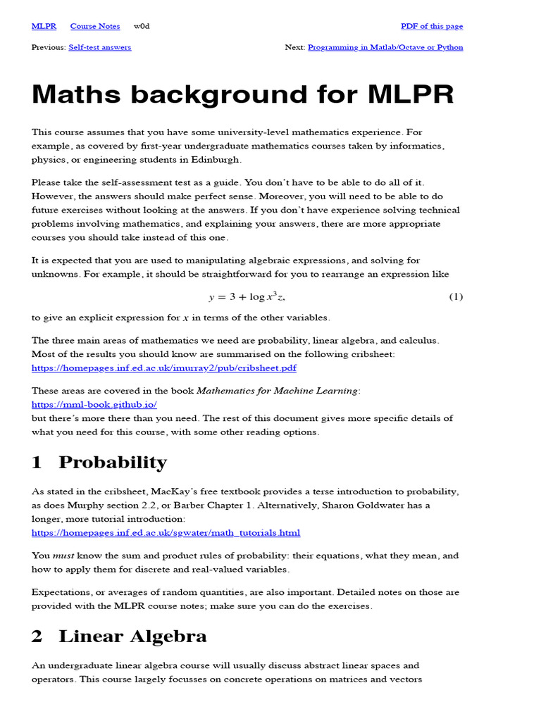 MLPR w0d - Machine Learning and Pattern Recognition | PDF | Matrix (Mathematics) | Linear Algebra