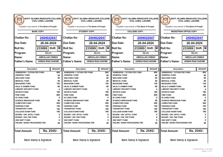 Print Challan Form - Govt. Islamia Graduate College, Civil Lines ...