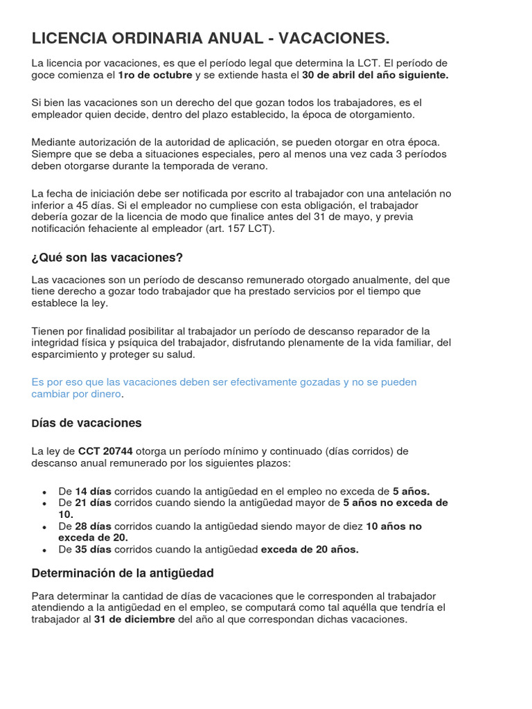 Licencia Ordinaria Anual - Vacaciones | PDF | Salario | Derecho laboral