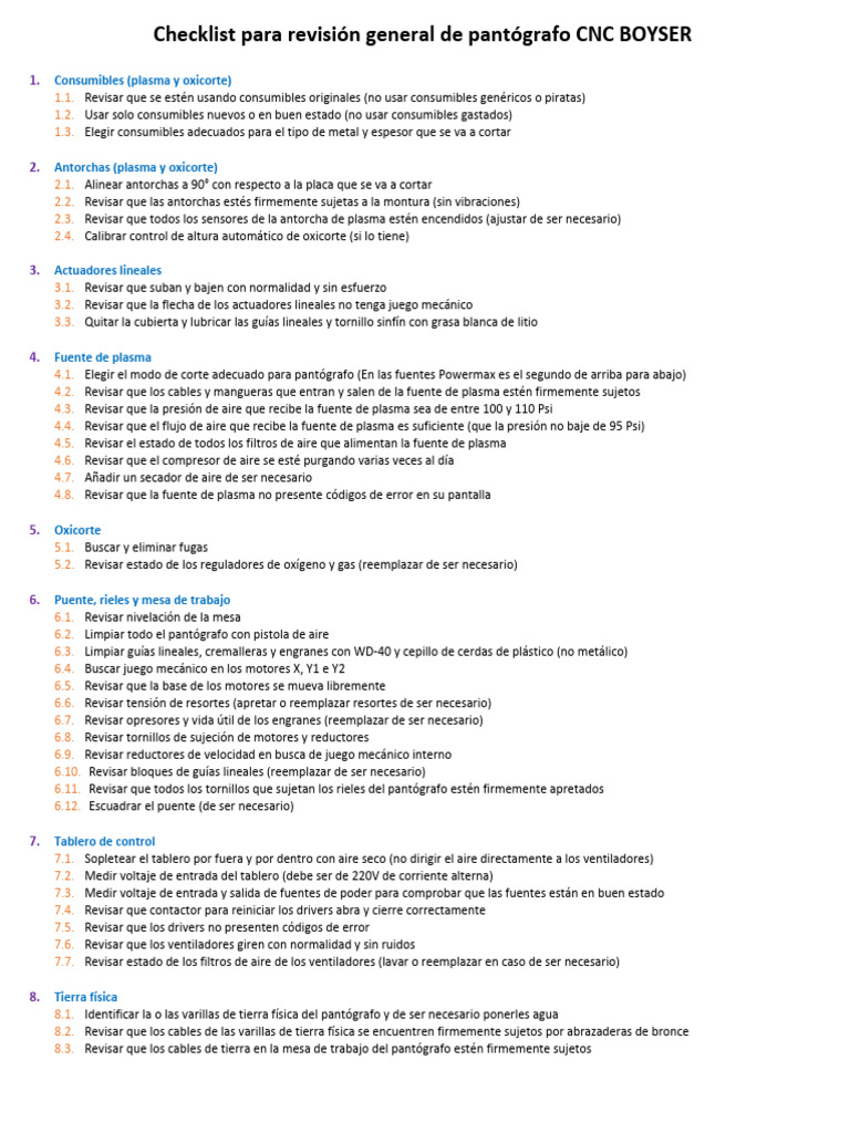 Checklist para Pantógrafo CNC BOYSER | PDF | Herramientas | Ingeniería ...