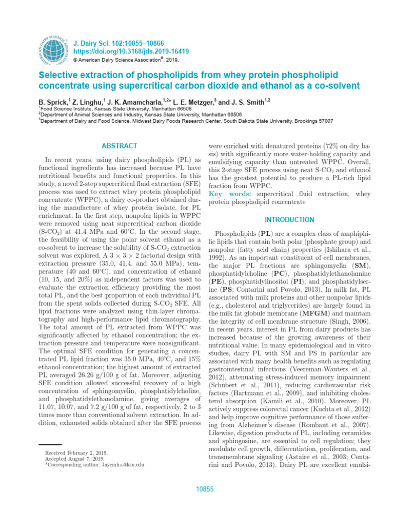 Selective Extraction of Phospholipids From Whey Protein Phospholipid ...