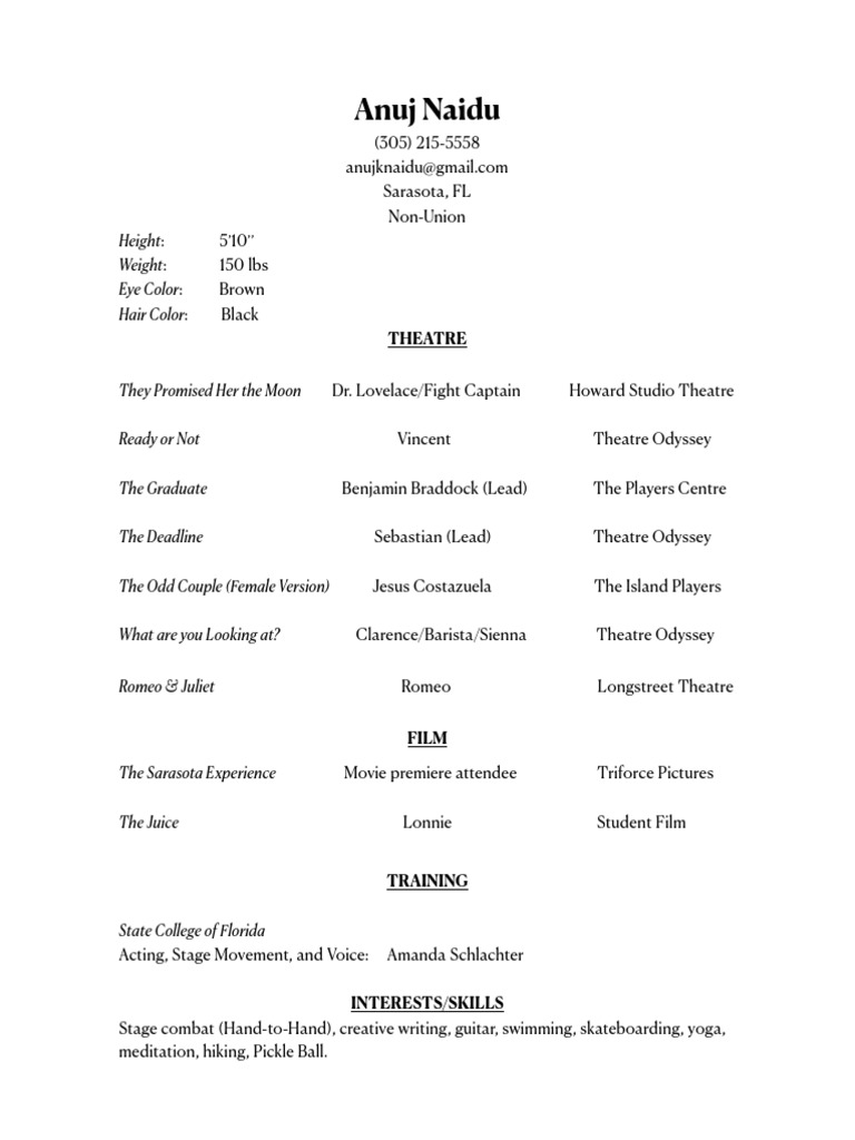 Anuj Naidu Acting Resume | PDF