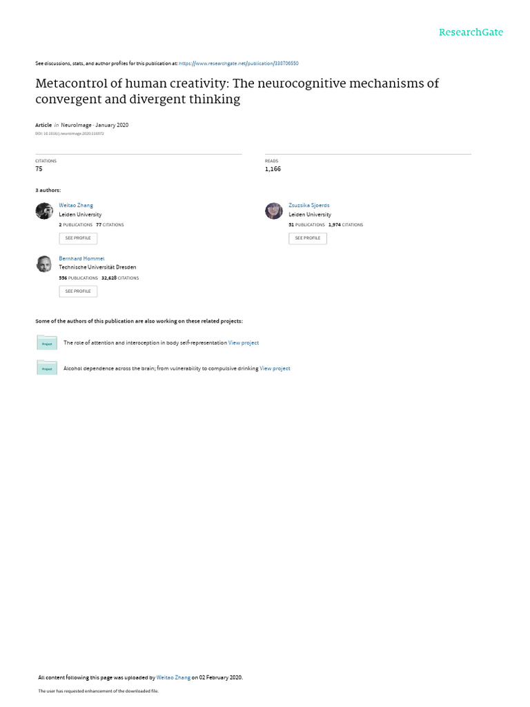 Metacontrol of human creativity The neurocognitive mechanisms of | PDF ...