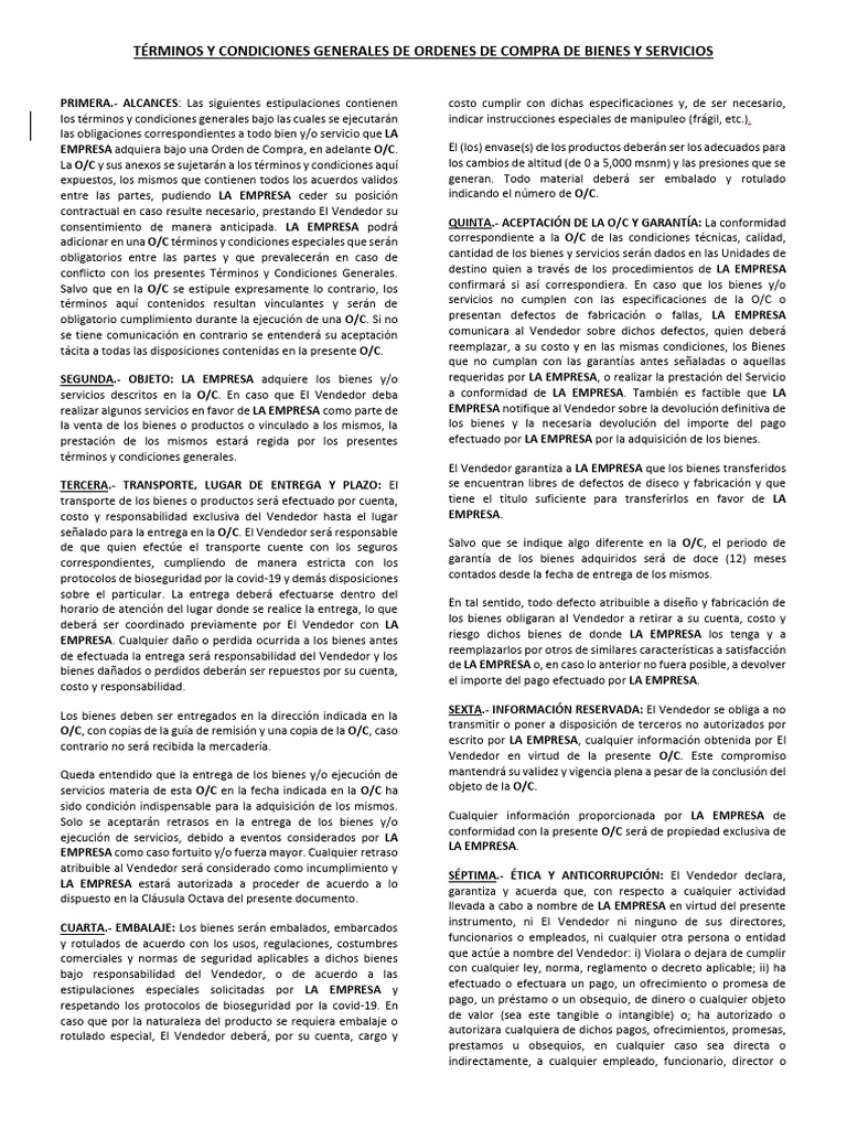 Términos y Condiciones para Orden de Compra - TE 50 | Descargar gratis PDF | Pagos | Seguro
