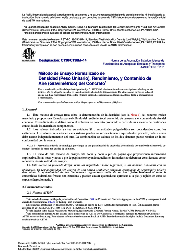 PDF Astm c138 14sp PDF - Compress | PDF | Hormigón | Densidad