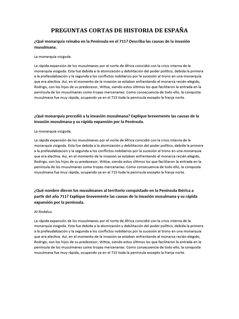 Preguntas Cortas Historia | PDF | Imperio español | Al Andalus