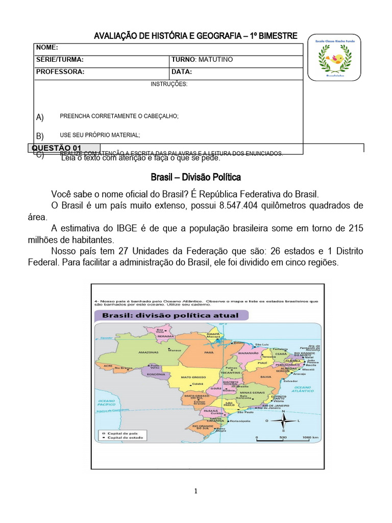 PROVA DE HIST E GEO 1bi | PDF | Brasil | Oceano Atlântico