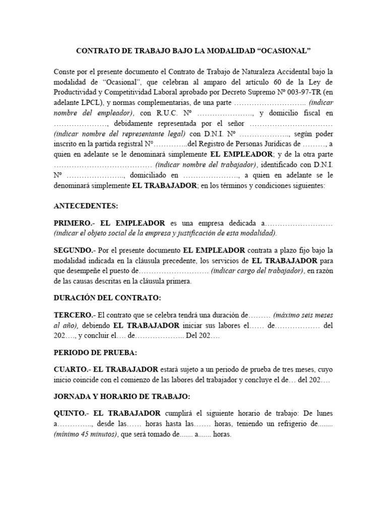 Contrato de Trabajo Bajo La Modalidad Ocasional | PDF | Derecho laboral | Personal