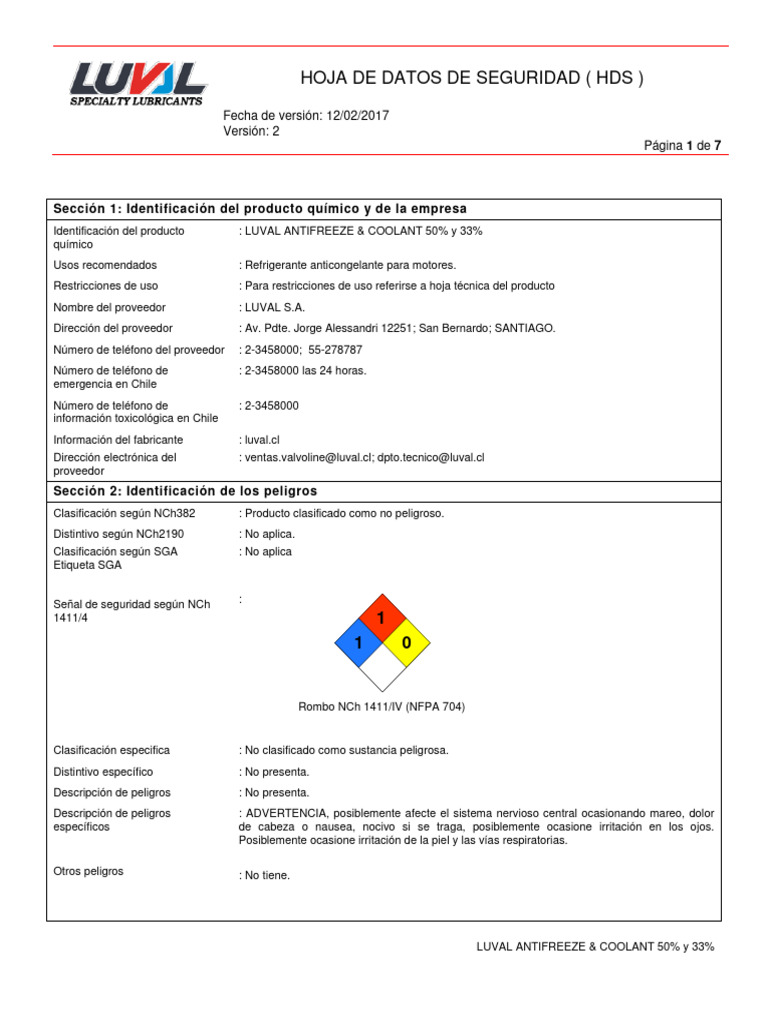 A1 HDS Luval Antifreeze Coolant 33 y 50 | PDF | Agua | Administración de Seguridad y Salud ...