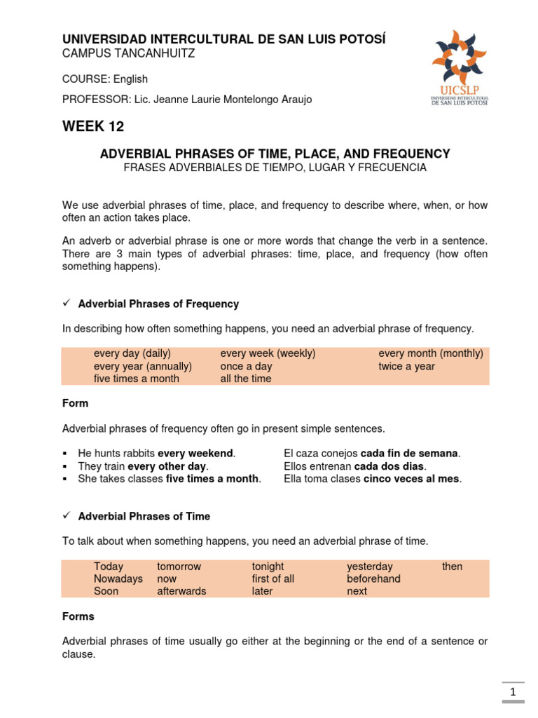 Week 12 - Adverbial Phrases | PDF | Phrase | Syntax