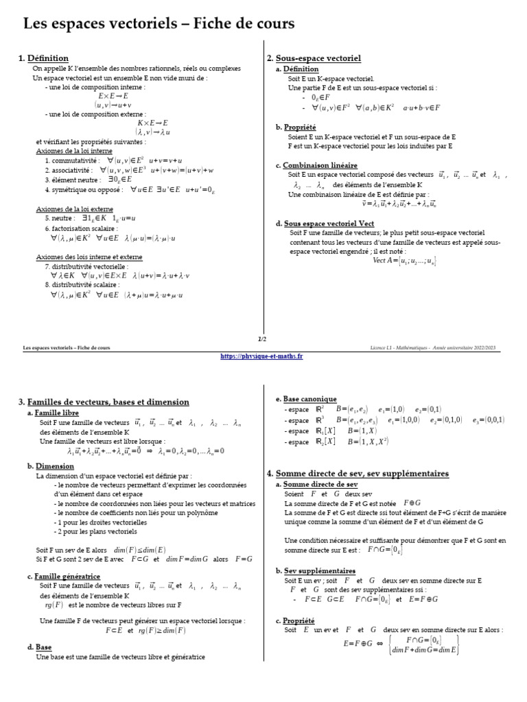 Fiche de cours sur les espaces vectoriels | PDF | Espace vectoriel ...