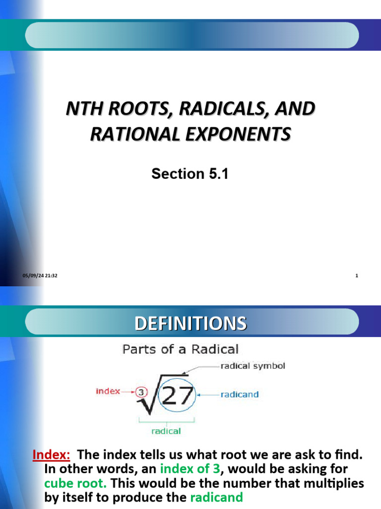 5.1 NTH Roots, Radicals, and Rational Roots | PDF | Exponentiation | Arithmetic