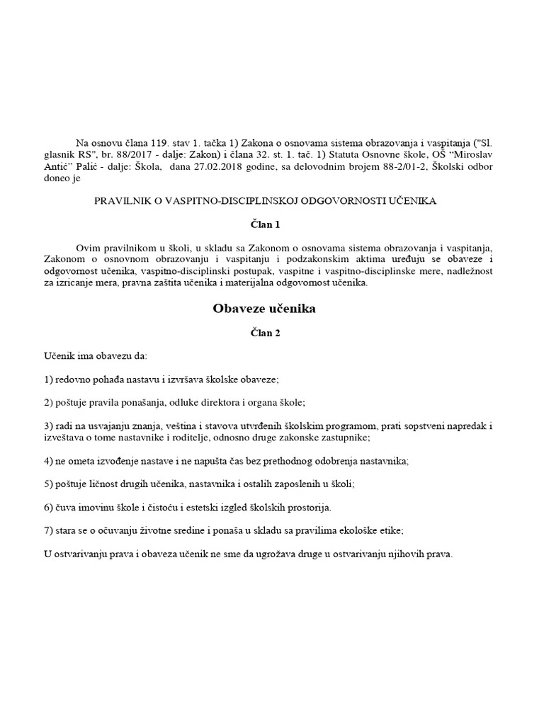 Pravilnik o Vaspitno Disciplinskoj Odgovornosti Ucîenika | PDF