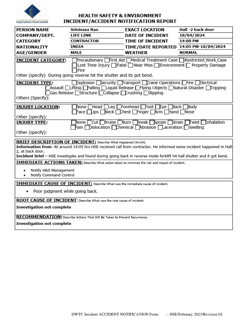 18-4-24 Incident Accident Notification - Shutter Got Bend | PDF ...