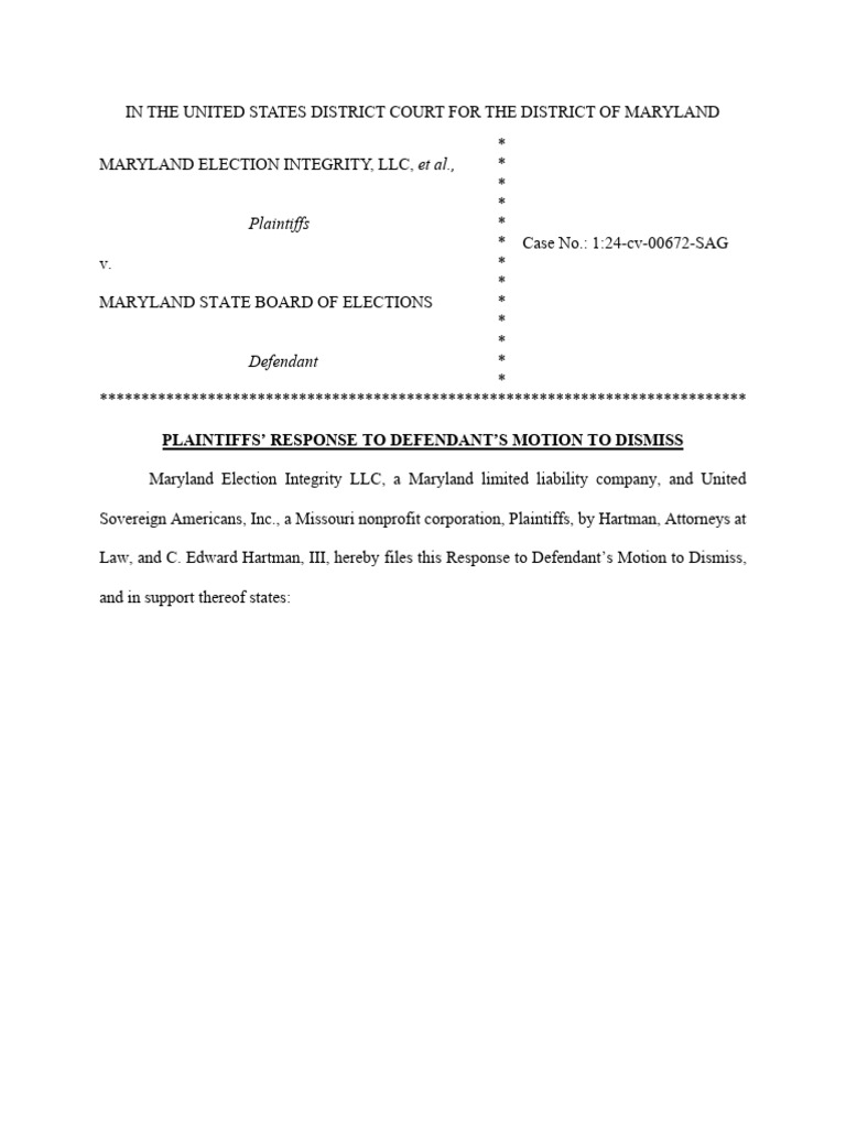 Response to Motion to Dismiss Maryland Case | PDF | Complaint | Federal ...