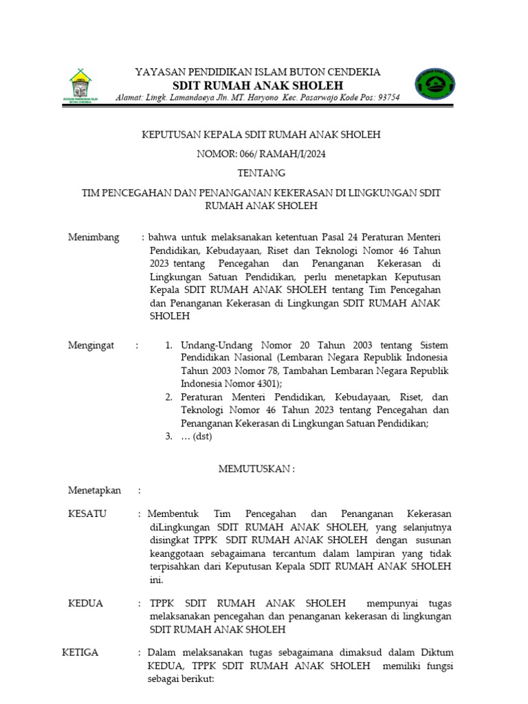 Tim Penanganan Kekerasan SDIT Rumah Anak Sholeh | PDF