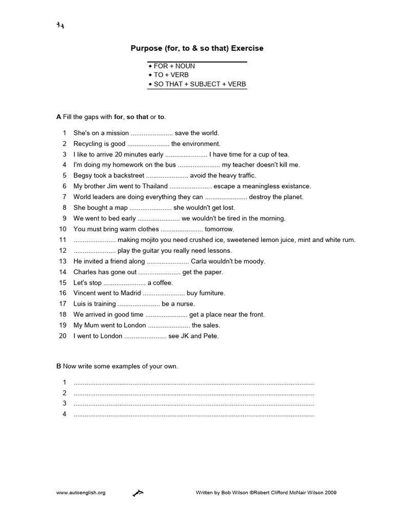 Purpose (For, To & So That) Students Exercise | PDF | Grammar ...