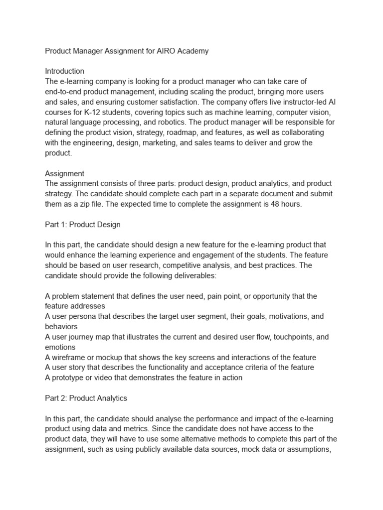 Product Manager Assignment - AIRO Academy | PDF | Educational Technology | Analytics