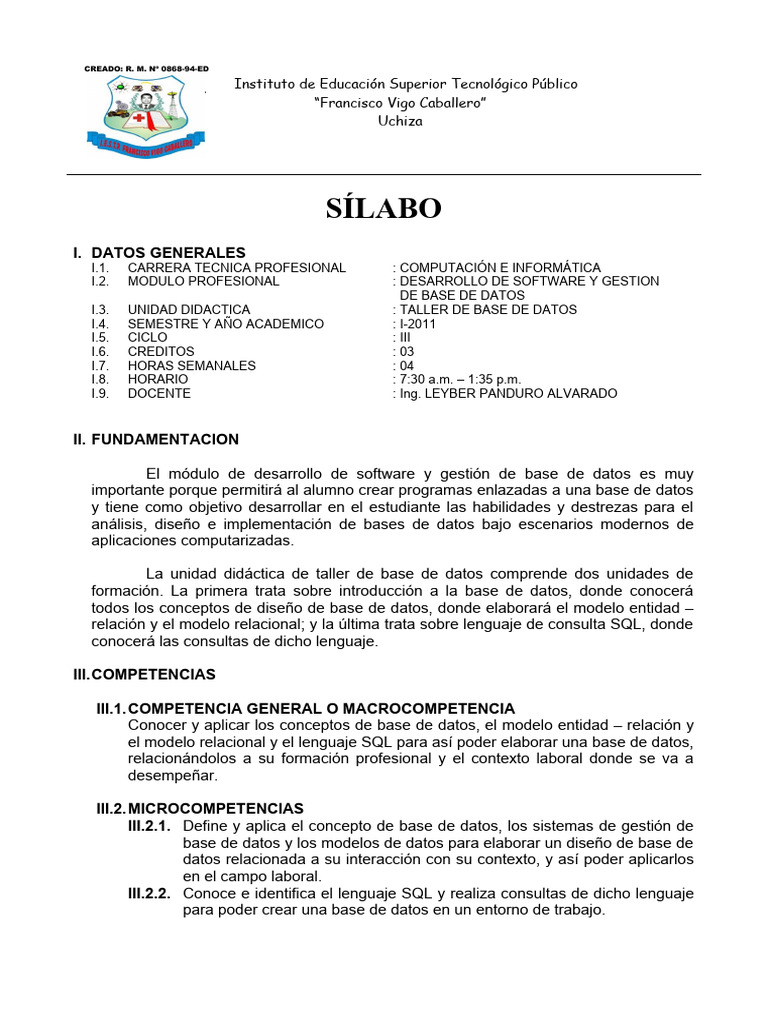 silabo de taller de base de datos | PDF | SQL | Bases de datos