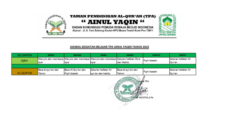 Jadwal KBM Tpa Ainul Yaqin Muara Teweh | PDF