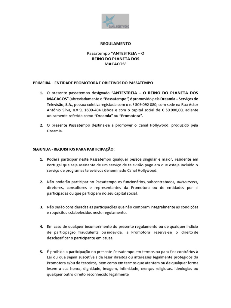 Regulamento Passatempo O REINO DO PLANETA DOS MACACOS 1 | PDF