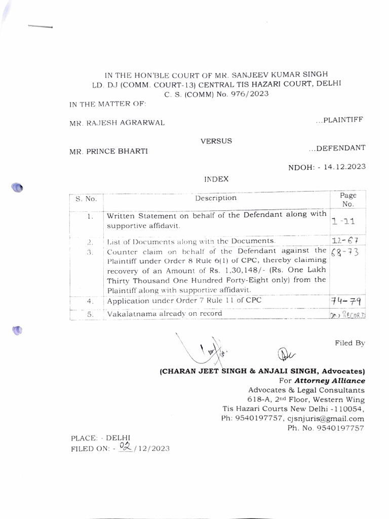 Rajesh Agrawal v. Prince Bharti - Written Statement - 2023-12-14-1 | PDF | Lawsuit | Payments