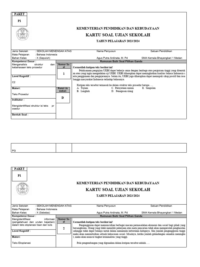 Kartu Soal Bahasa Indonesia 50 US 2024 - Pilgan Saja | PDF