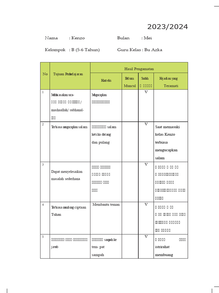 Ceklis Skala Capaian Paud | PDF