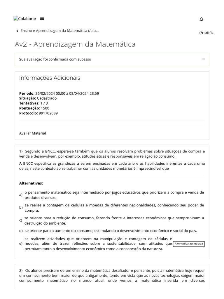 Colaborar - Av2 - Aprendizagem Da Matemática | PDF | Sociologia | Aprendizado
