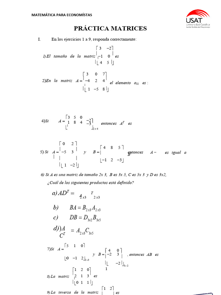 Ejercicios Matrices | PDF | Matriz (Matemáticas) | Álgebra abstracta