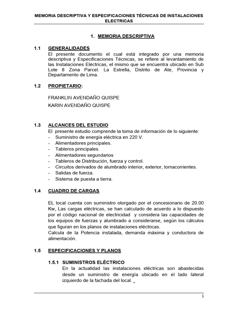 Memoria Descriptiva Instalaciones Electricas | PDF | Conductor electrico | Cobre