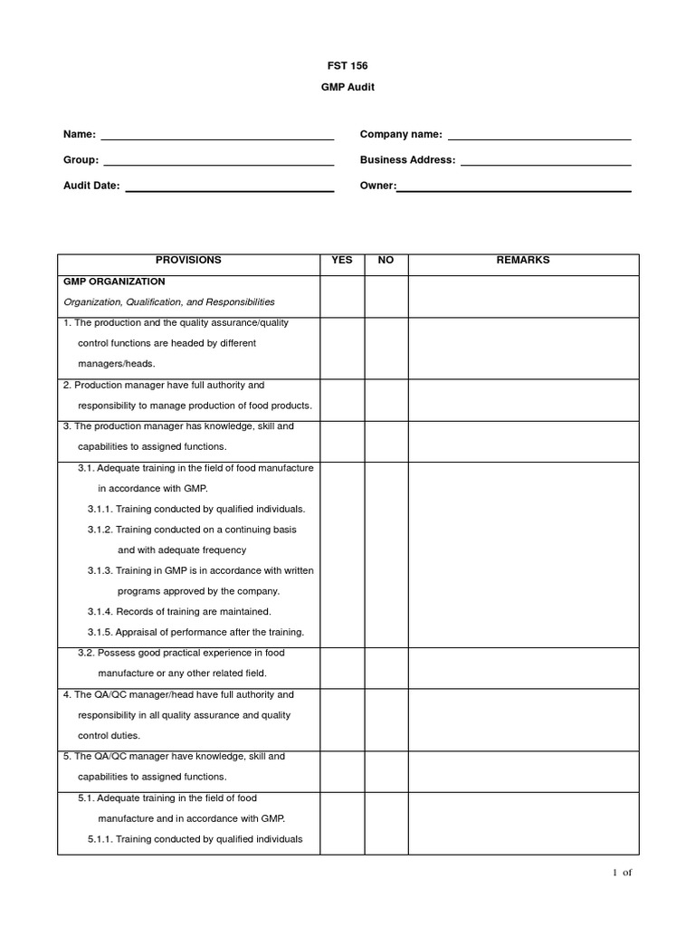 GMP Audit Checklist Form | PDF | Drinking Water | Hygiene