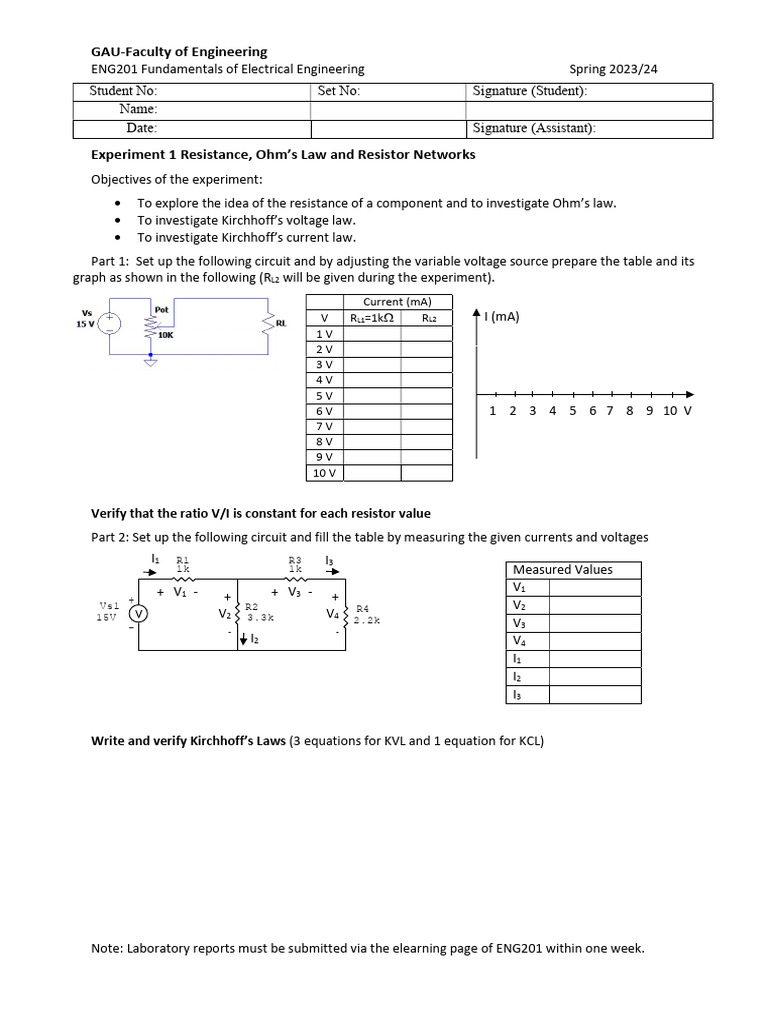 ENG201 Spring2024 Experiment1 | PDF | Electrical Network | Electrical Circuits