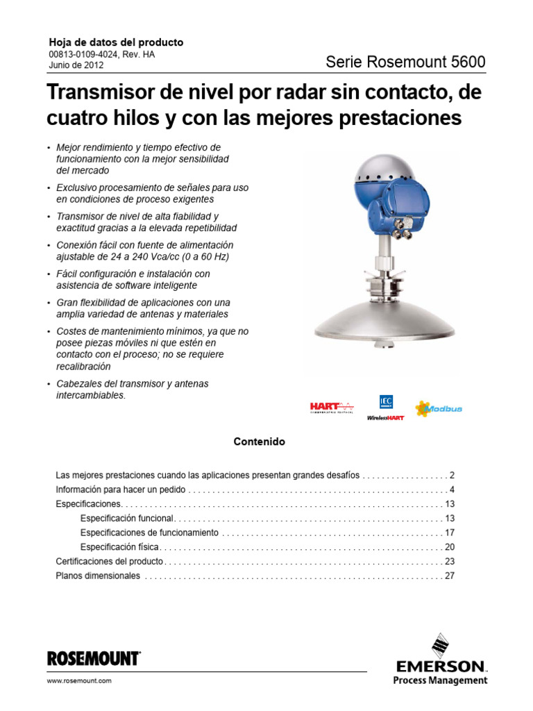 Data Sheet Rosemount 5600 - TX de Nivel Tipo Radar Sin Contacto - 88938 ...