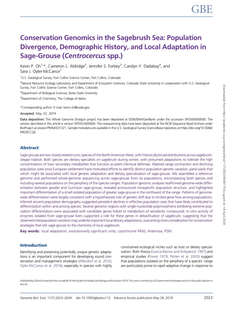 Conservation Genomics in The Sagebrush Sea - Population Divergence, Demographic History, and ...