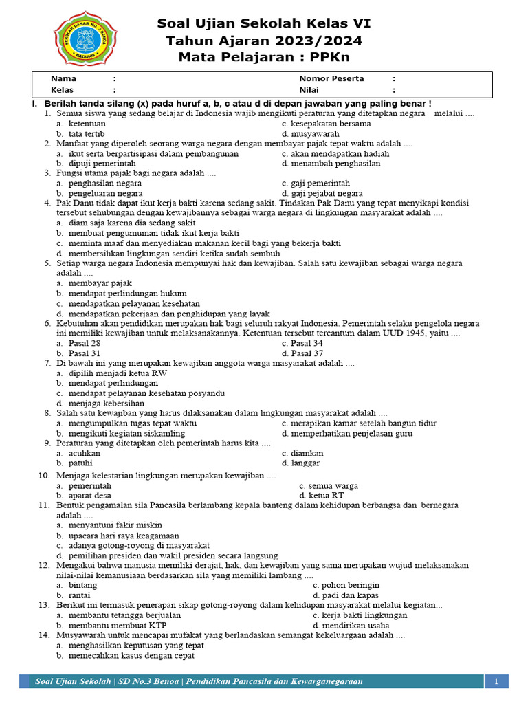 Soal Ujian Sekolah Kelas 6 Mapel PPKN | PDF