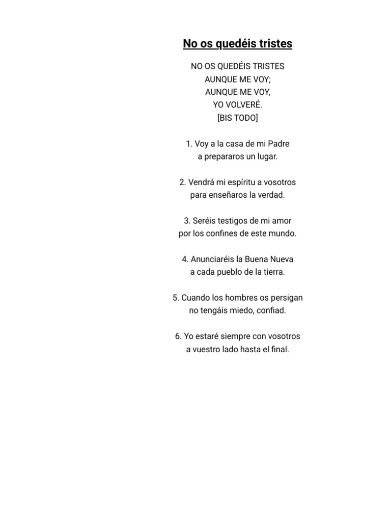 Letra de No Os Quedéis Tristes. Coro Parroquial de Esteiro | PDF