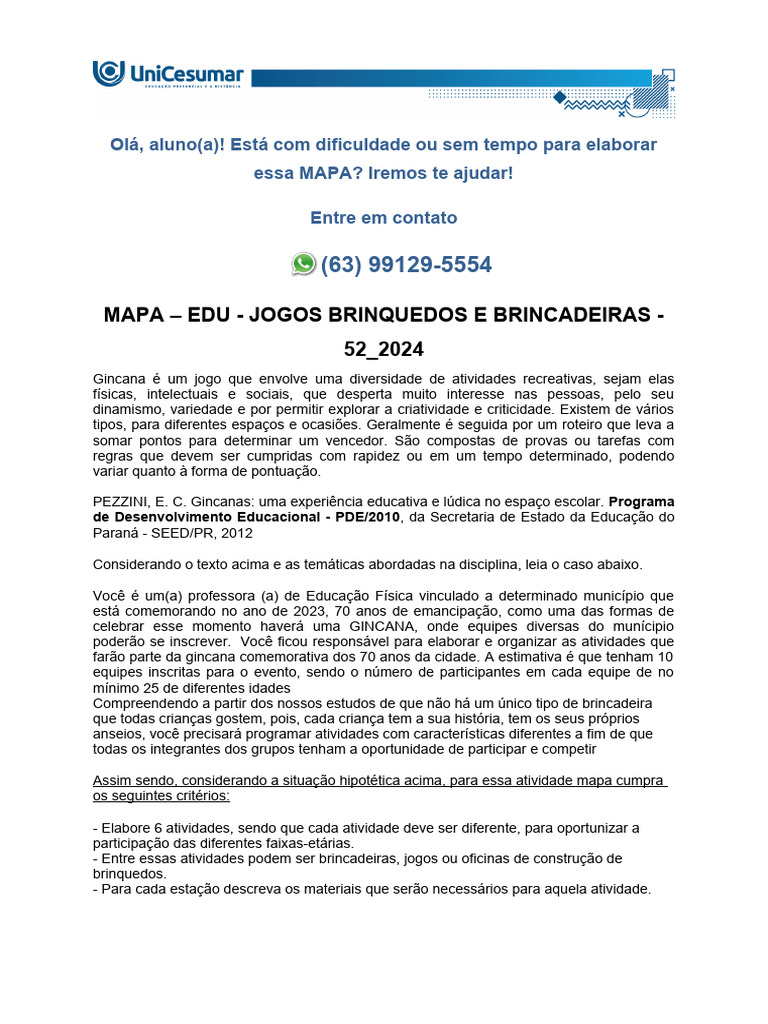 Mapa - Edu - Jogos Brinquedos E Brincadeiras - 52 - 2024 | PDF