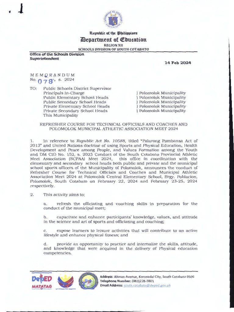 MEMORANDUM No. 078 S. 2024 REFRESHER COURSE FOR TECHNICAL OFFICIALS AND COACHES AND POLOMOLOK ...