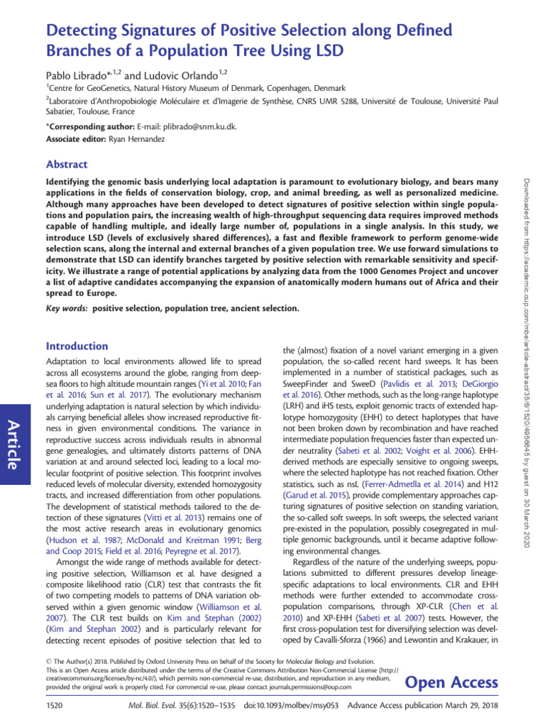 Detecting Signatures of Positive Selection Along D | PDF | Natural Selection | Evolution