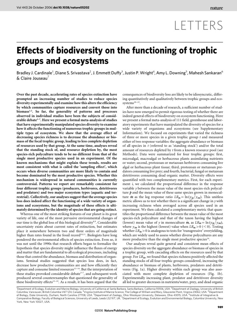 Effects of Biodiversity Loss On The Functioning of Trophic Groups and Ecosystems | PDF ...