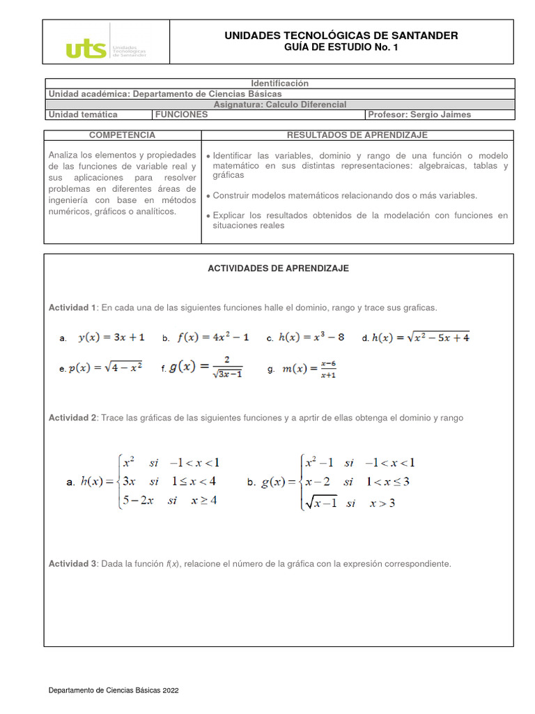 Guía de Estudio: Funciones en Cálculo | PDF | Función (Matemáticas ...
