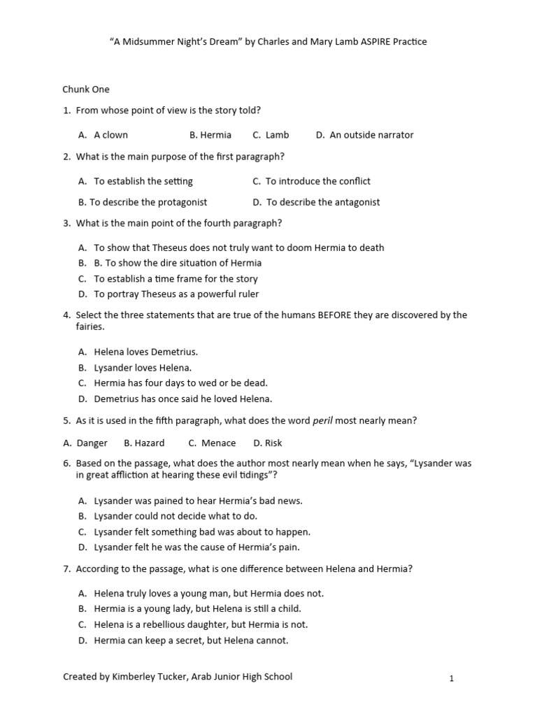 ASPIRE Literary Narrative Practice Midsummer Nights Dream | PDF | A ...