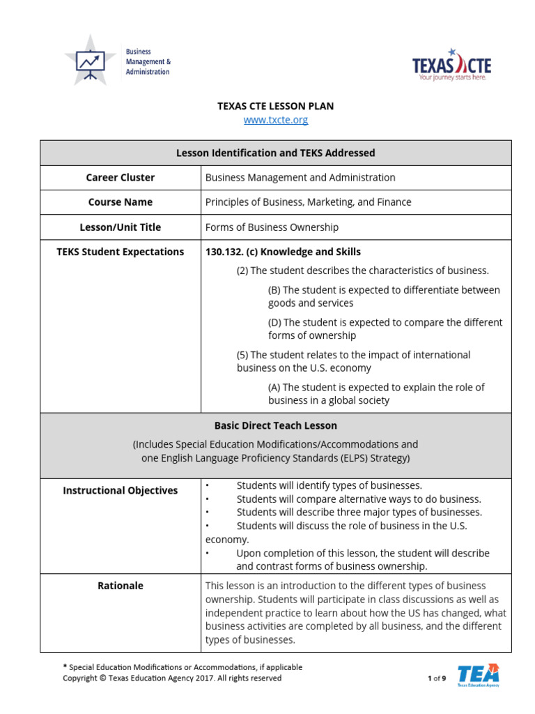 Lesson Plan Forms of Business Ownership_0 (2) | PDF | Partnership ...