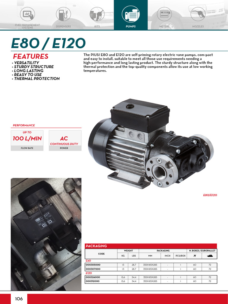 E80 E120 Piusi Datasheet Fuel 01.21 en | PDF | Pump | Diesel Fuel